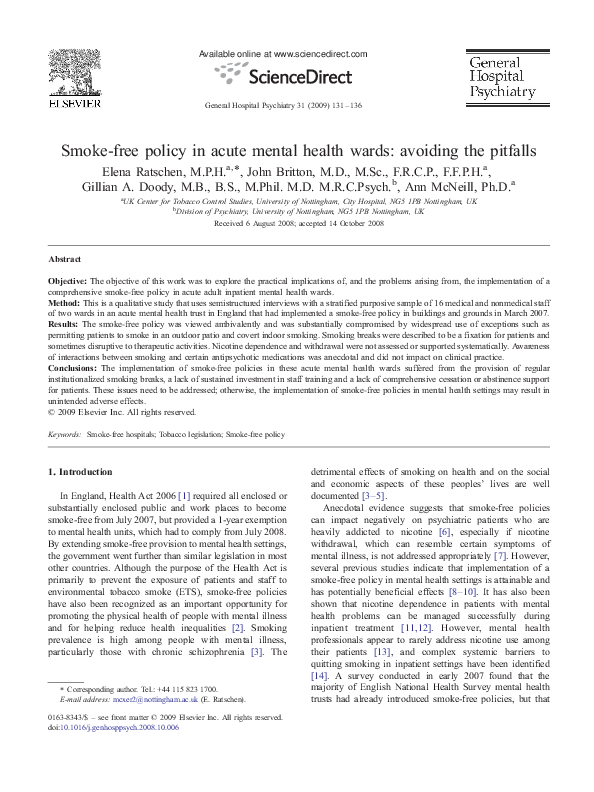 (PDF) Smoke-free policy in acute mental health wards: avoiding the pitfalls