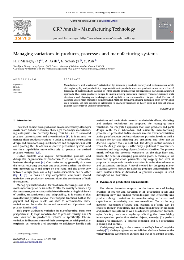 (PDF) Managing variations in products, processes and manufacturing systems