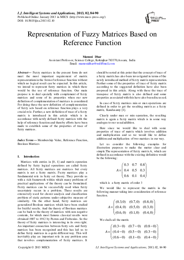 (PDF) Representation of Fuzzy Matrices Based on Reference Function