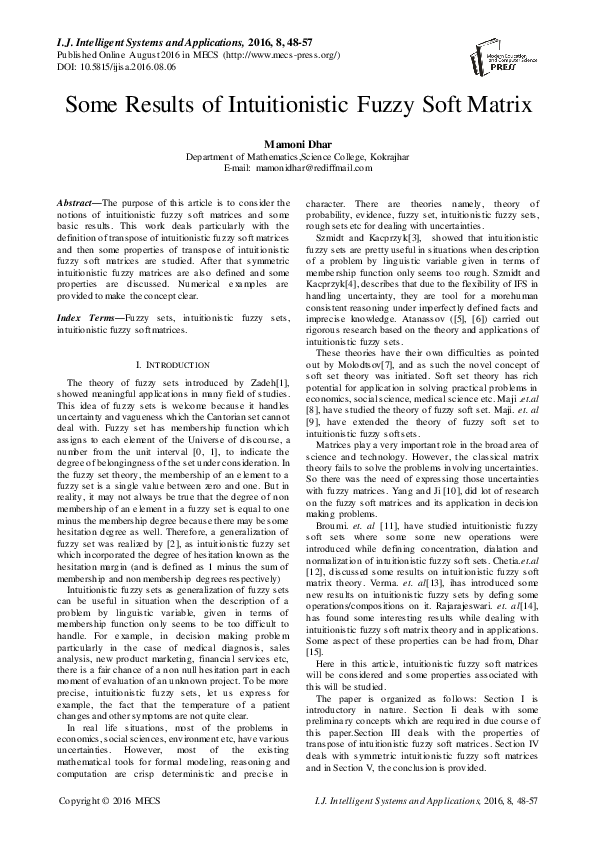 Pdf Some Results Of Intuitionistic Fuzzy Soft Matrix