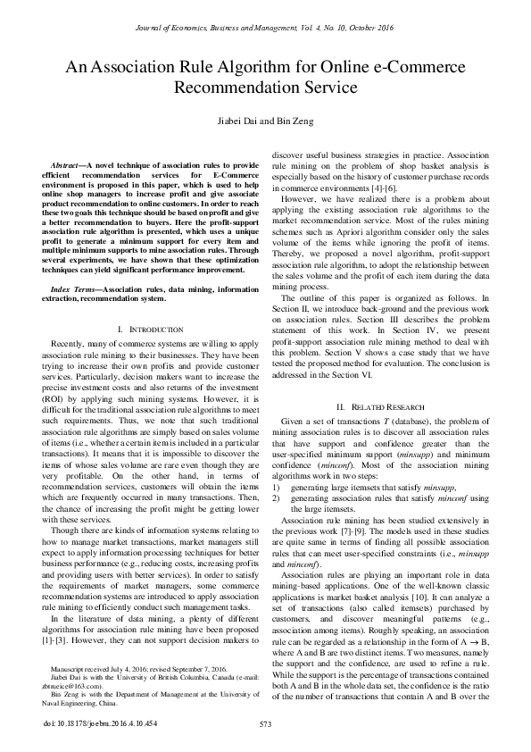 Pdf An Association Rule Algorithm For Online E Commerce Recommendation Service