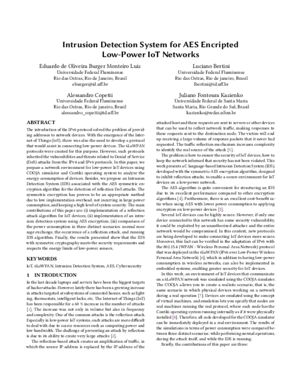 Pdf Intrusion Detection System For Aes Encripted Low Power Iot Networks