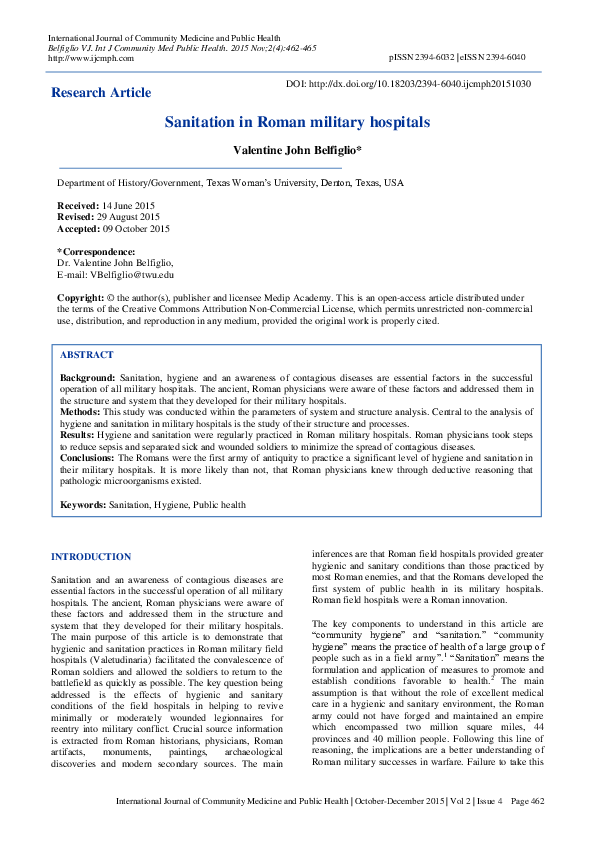 (PDF) Sanitation in Roman military hospitals