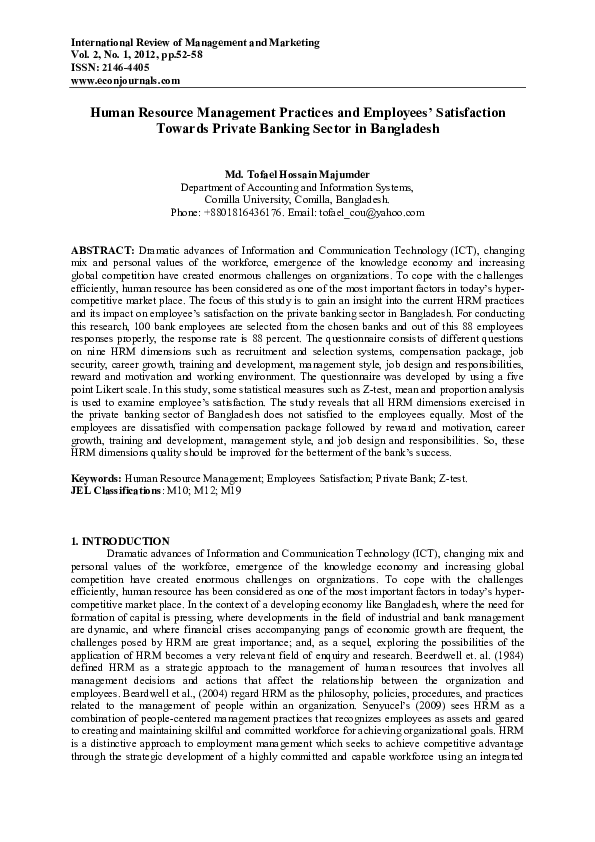 (PDF) Human Resource Management Practices and Employees' Satisfaction Towards Private Banking ...