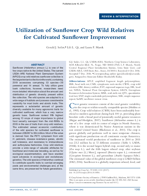 (PDF) Utilization of Sunflower Crop Wild Relatives for Cultivated Sunflower Improvement