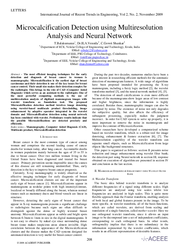 Pdf Microcalcification Detection Using Multiresolution Analysis And Neural Network