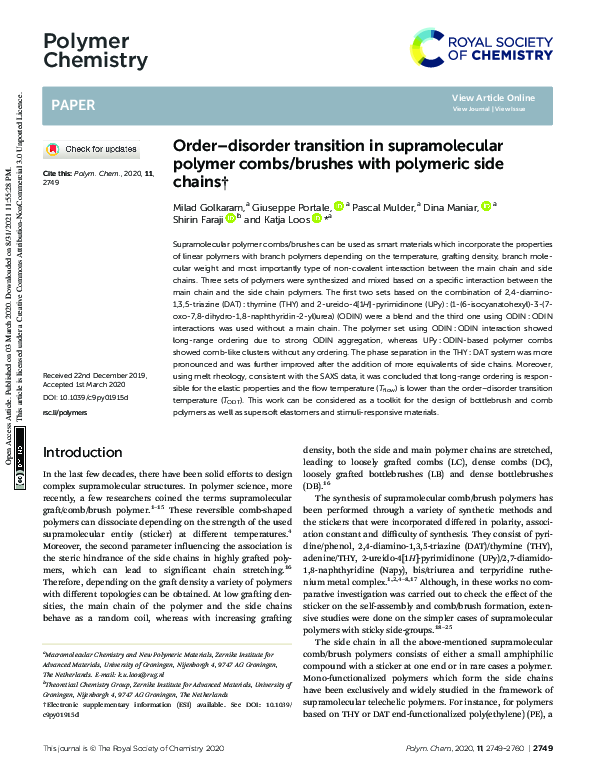(PDF) Order–disorder transition in supramolecular polymer combs/brushes ...