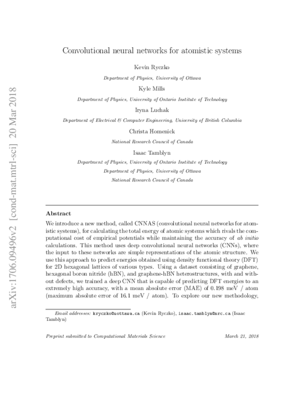 (PDF) Convolutional neural networks for atomistic systems