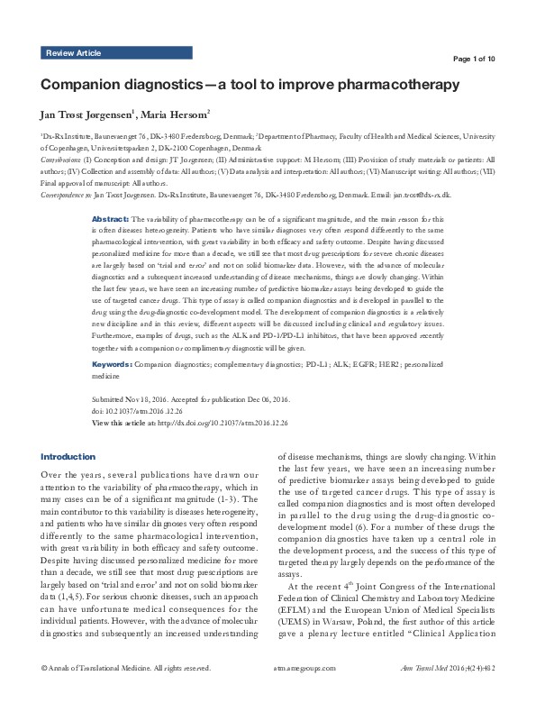 (PDF) Companion diagnostics-a tool to improve pharmacotherapy
