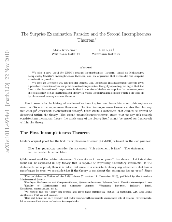 (PDF) The Surprise Examination Paradox and the Second Incompleteness ...