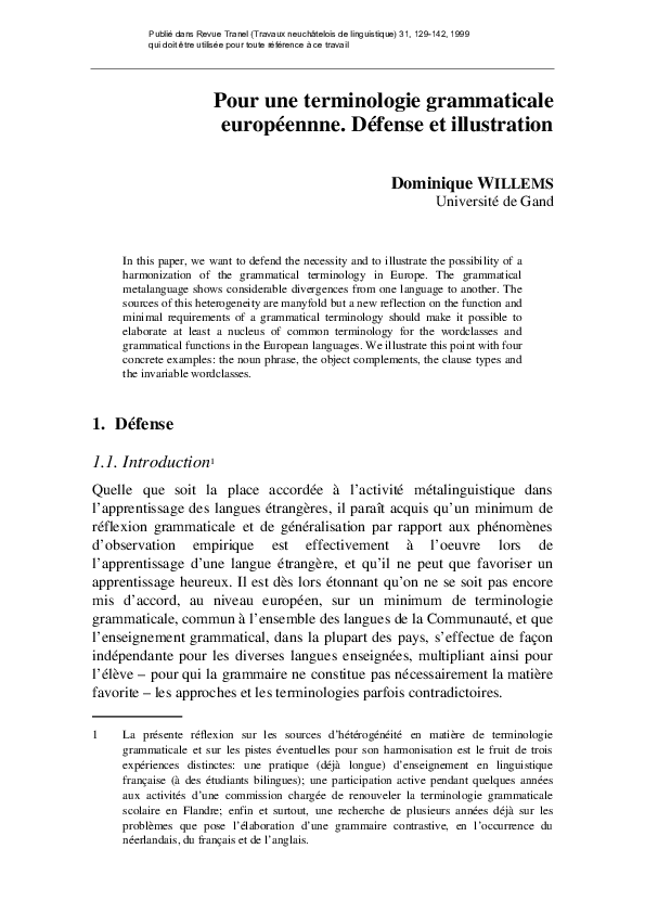 (PDF) Pour une terminologie grammaticale européennne. Défense et ...