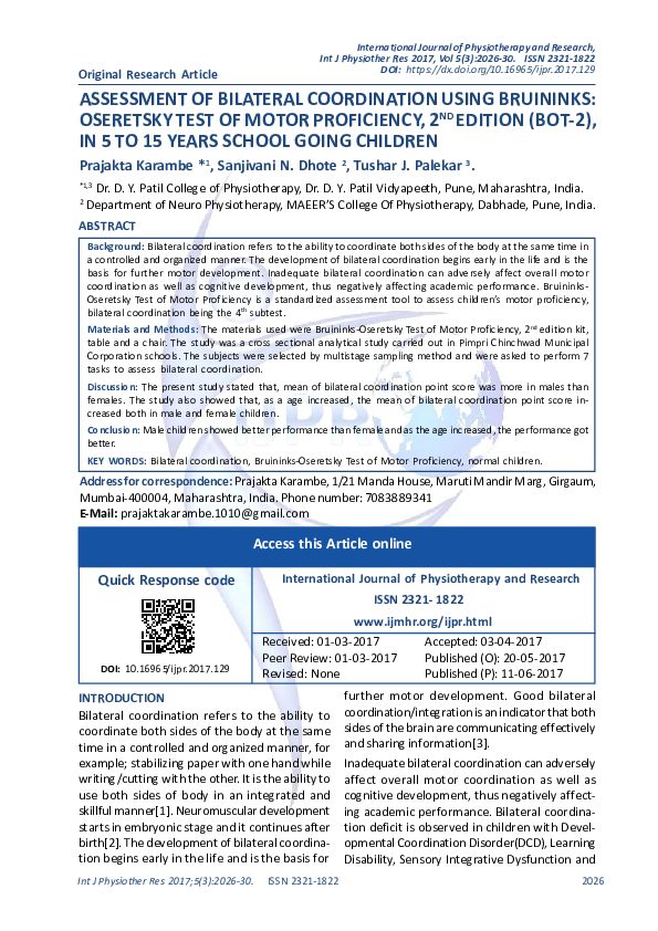 (PDF) ASSESSMENT OF BILATERAL COORDINATION USING BRUININKS: OSERETSKY ...