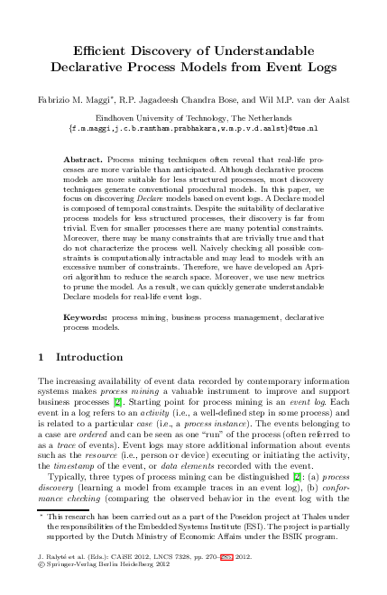 (PDF) Efficient Discovery of Understandable Declarative Process Models from Event Logs