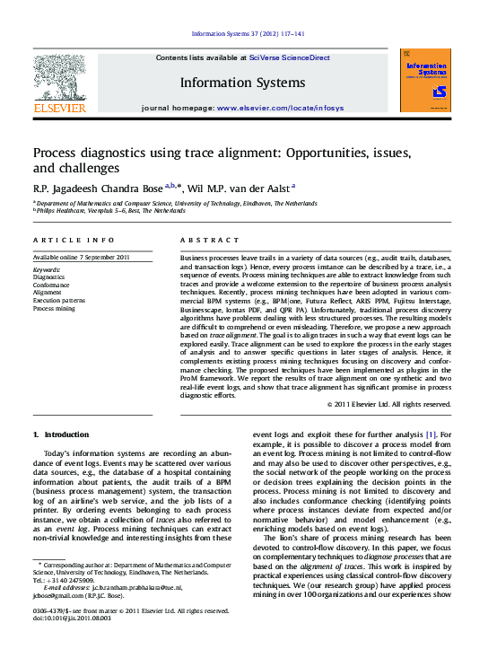 (PDF) Process diagnostics using trace alignment: Opportunities, issues, and challenges