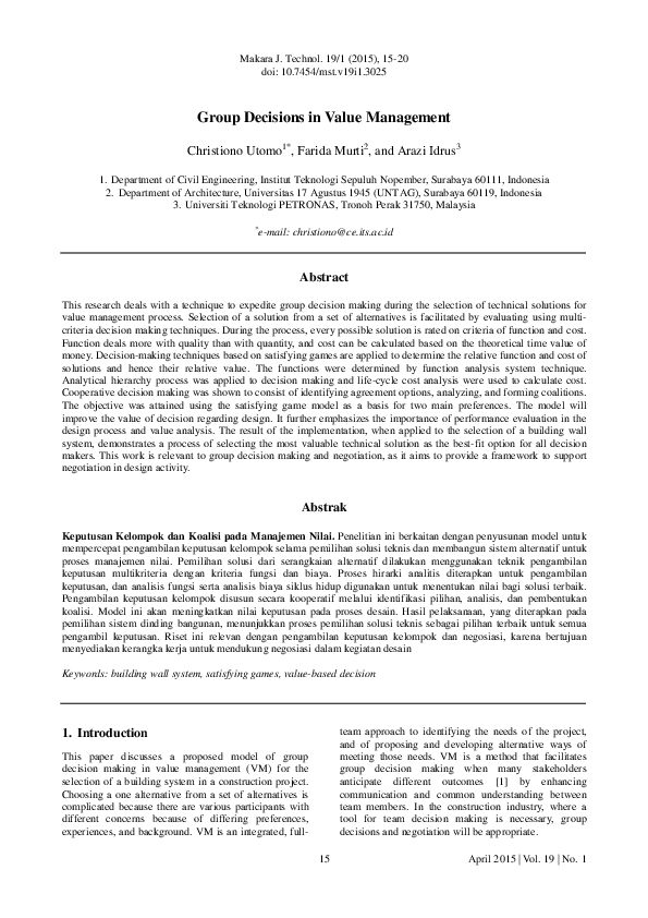 (PDF) Group Decisions in Value Management