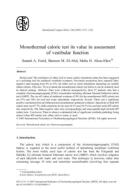 (PDF) Monothermal caloric test its value in assessment of vestibular ...