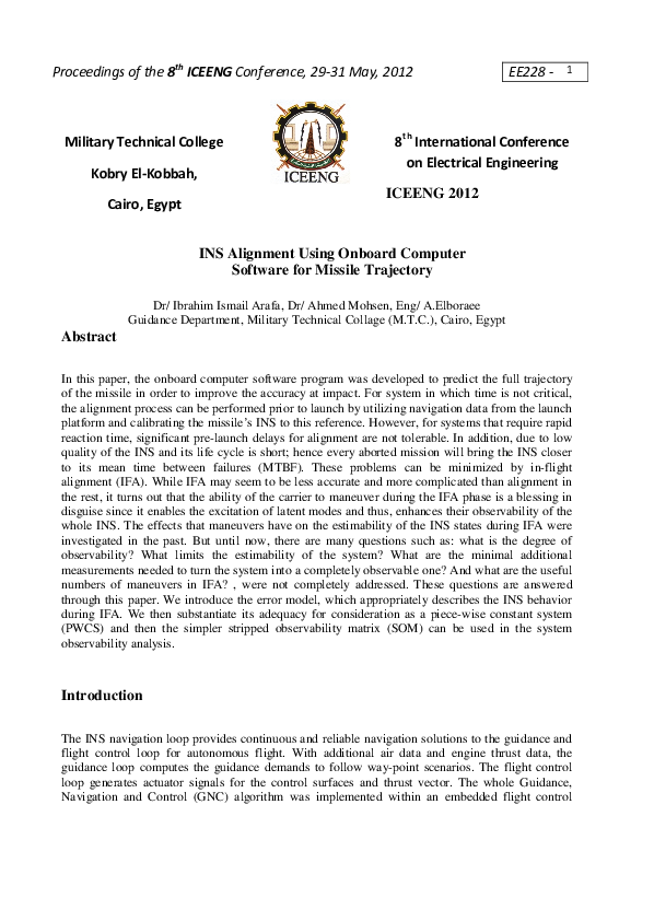 (PDF) INS Alignment Using Onboard Computer Software for Missile Trajectory