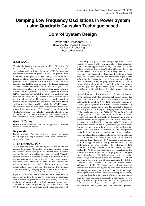 (PDF) Damping Low Frequency Oscillations in Power System using Quadratic Gaussian Technique ...