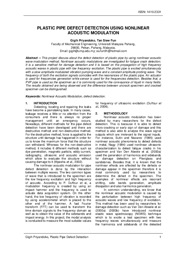 (PDF) Plastic Pipe Defect Detection Using Nonlinear Acoustic Modulation