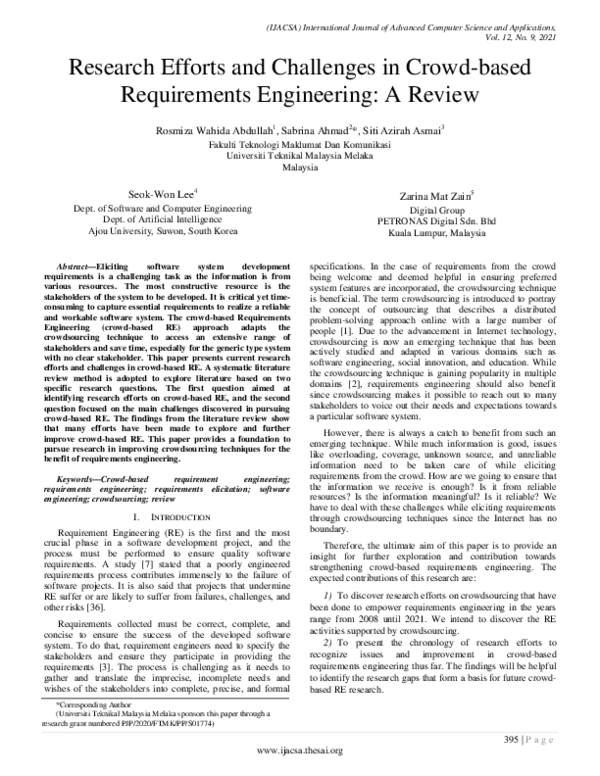 (PDF) Research Efforts and Challenges in Crowd-based Requirements Engineering: A Review
