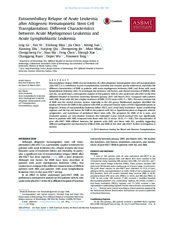 (PDF) Extramedullary Relapse of Acute Leukemia after Allogeneic Hematopoietic Stem Cell ...