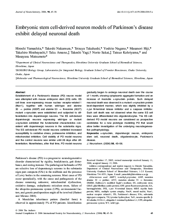 (PDF) Embryonic stem cell-derived neuron models of Parkinson's disease ...