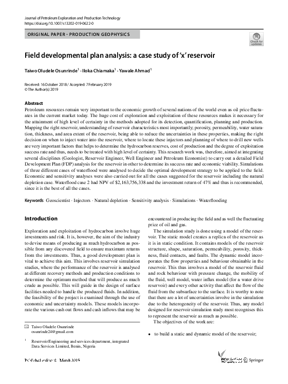 (PDF) Field developmental plan analysis: a case study of ‘x’ reservoir ...