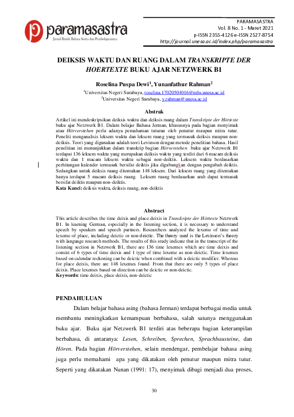 (PDF) Deiksis Waktu Dan Ruang Dalam Transkripte Der Hoertexte Buku Ajar Netzwerk B1