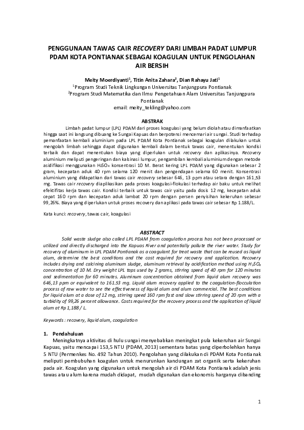 (PDF) Penggunaan Tawas Cair Recovery Dari Limbah Padat Lumpur Pdam Kota Pontianak Sebagai ...