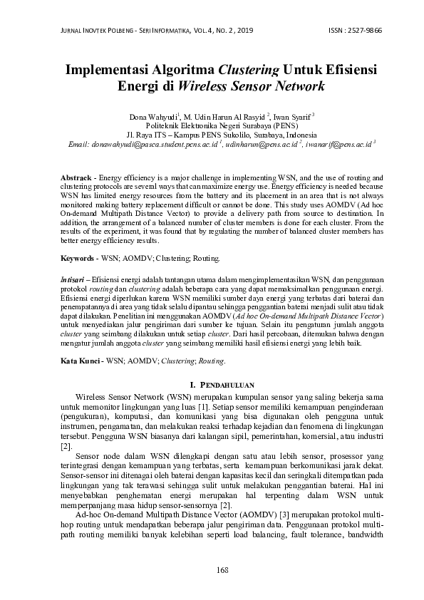 Pdf Implementasi Algoritma Clustering Untuk Efisiensi Energi Di Wireless Sensor Network