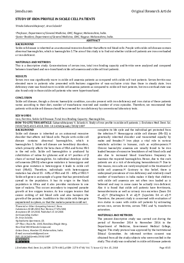 (PDF) Study of Iron Profile in Sickle Cell Patients