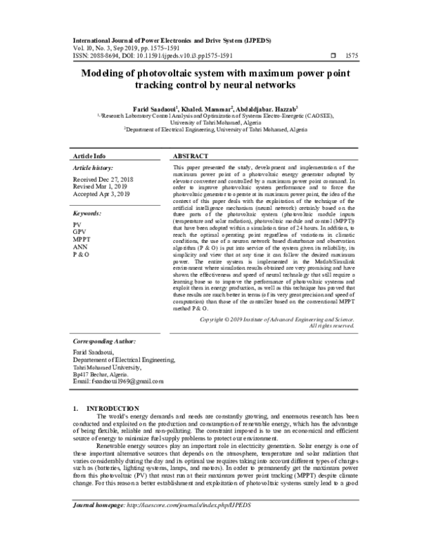 Pdf Modeling Of Photovoltaic System With Maximum Power Point Tracking Control By Neural Networks