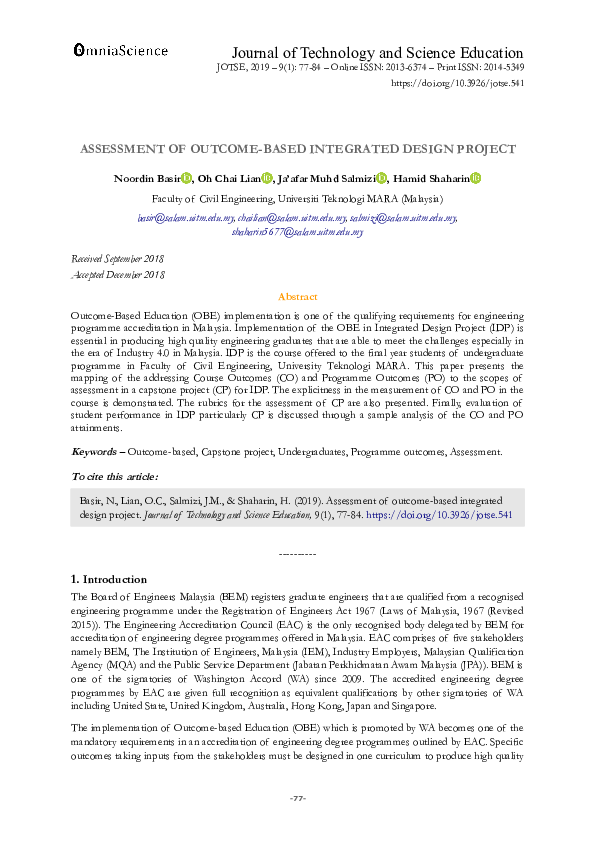 (PDF) Assessment of outcome-based integrated design project