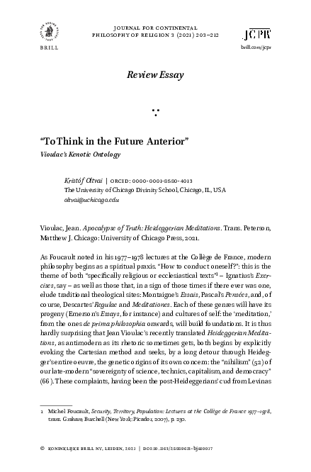 (PDF) "To Think in the Future Anterior": Vioulac's Kenotic Ontology