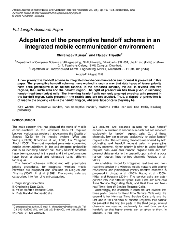 (PDF) Adaptation of the Preemptive Handoff Scheme In An Integrated Mobile Communication Environment