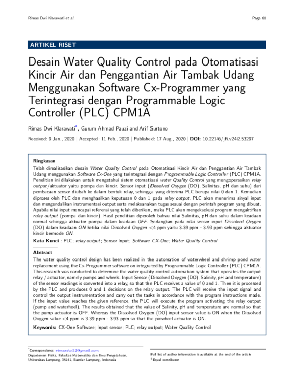 (PDF) Desain Water Quality Control pada Otomatisasi Kincir Air dan ...
