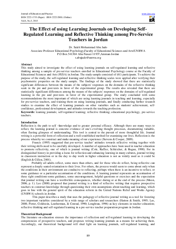 (PDF) The Effect of using Learning Journals on Developing Self-Regulated Learning and Reflective ...