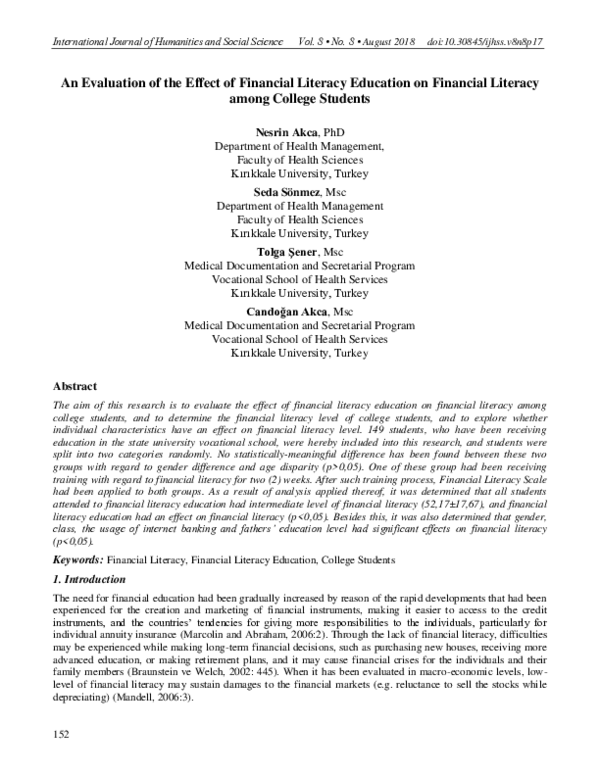 (PDF) An Evaluation of the Effect of Financial Literacy Education on ...