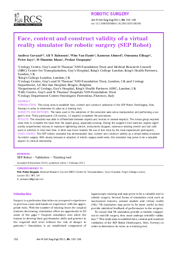(PDF) Face, content and construct validity of a virtual reality simulator for robotic surgery ...
