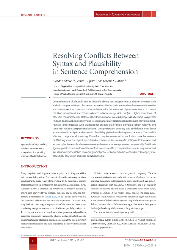(PDF) Resolving Conflicts Between Syntax and Plausibility in Sentence Comprehension | Glenda ...