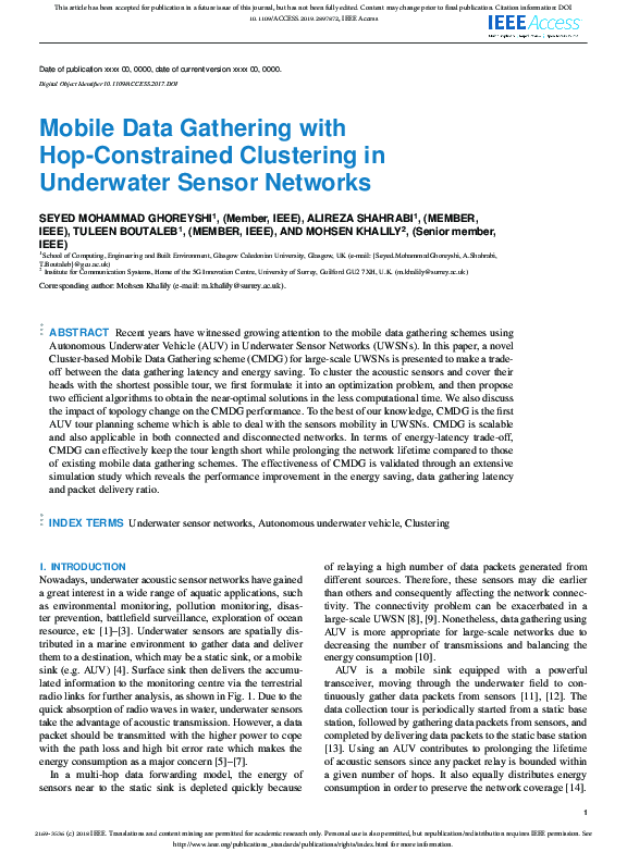 Pdf Mobile Data Gathering With Hop Constrained Clustering In Underwater Sensor Networks