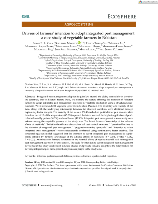 (PDF) -Drivers of farmers intention to adopt integrated pest management a case study of ...