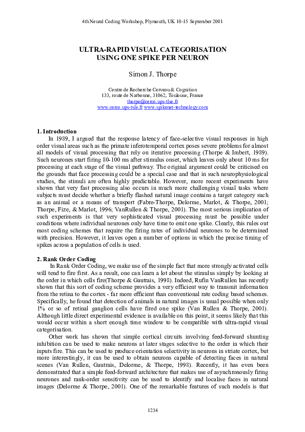 (PDF) Ultra-Rapid Visual Categorisation Using One Spike Per Neuron
