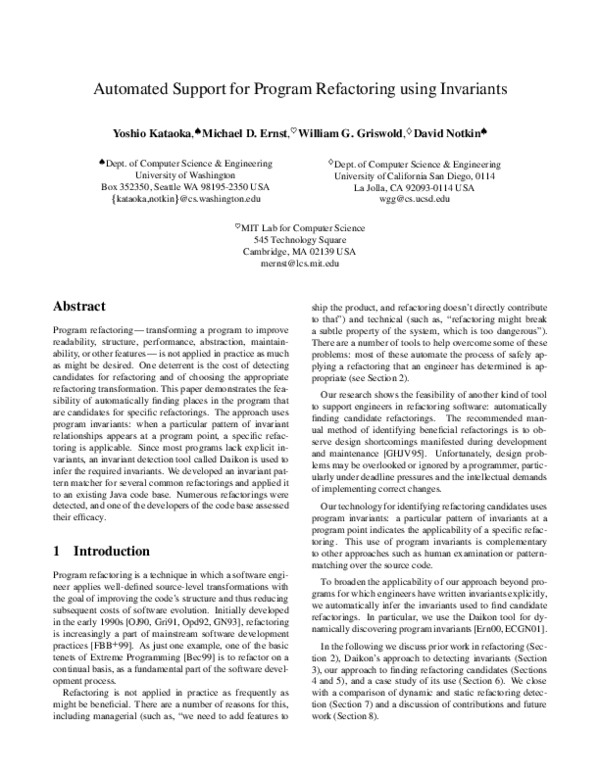 Pdf Automated Support For Program Refactoring Using Invariants