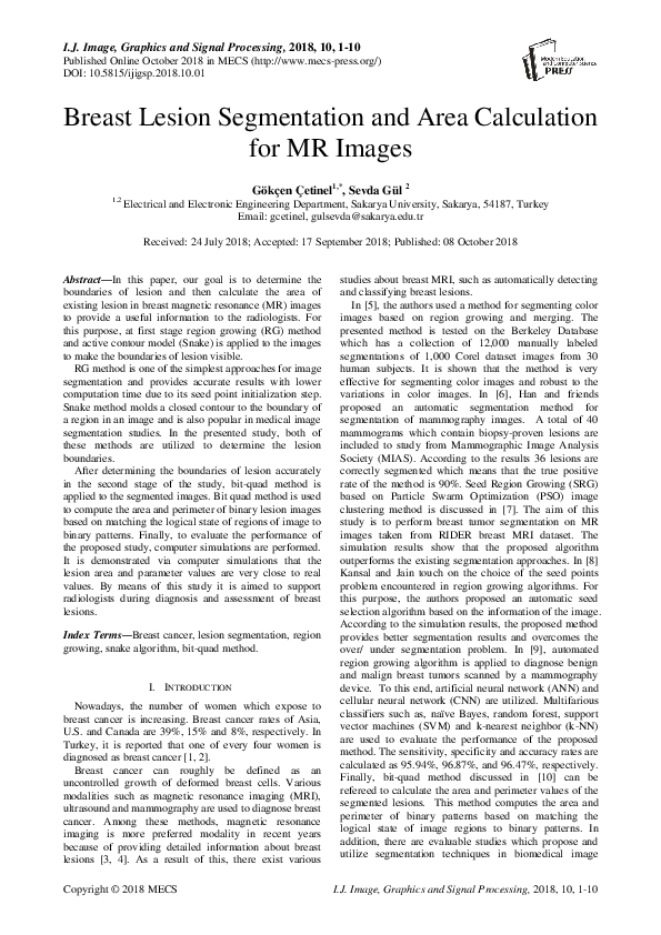 (PDF) Breast Lesion Segmentation and Area Calculation for MR Images (PDF) Breast Lesion Segmentation and Area Calculation for MR Images
