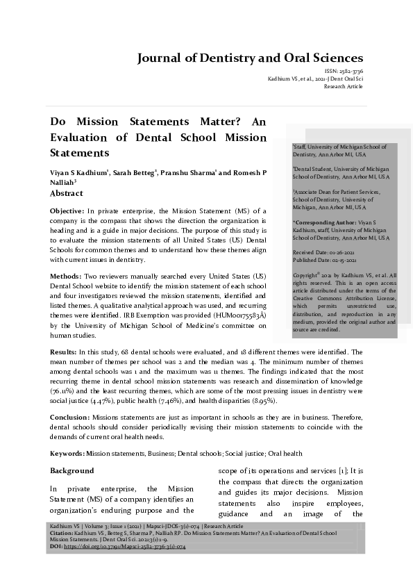 (PDF) Do Mission Statements Matter? An Evaluation of Dental School ...