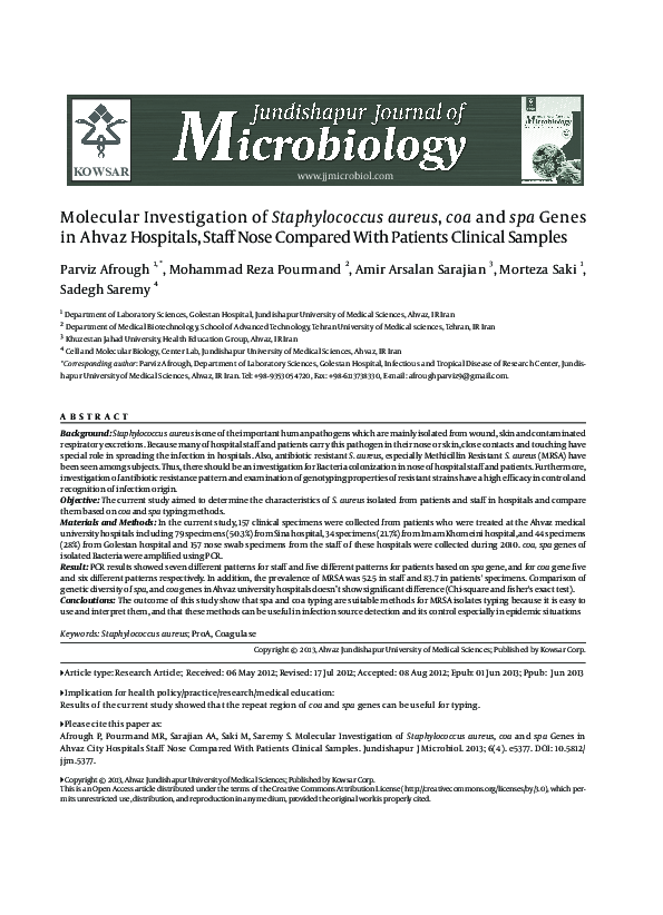 (PDF) Molecular Investigation of Staphylococcus aureus, coa and spa Genes in Ahvaz Hospitals ...