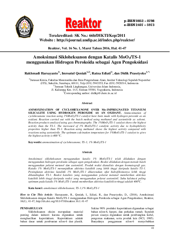 (PDF) AMOKSIMASI SIKLOHEKSANON DENGAN KATALIS MoO3/TS-1 MENGGUNAKAN ...