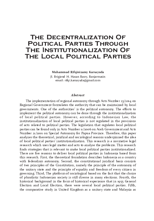 (PDF) The Decentralization Of Political Parties Through The ...