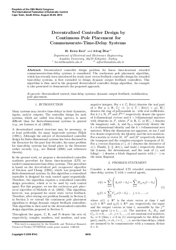(PDF) Decentralized Controller Design by Continuous Pole Placement for Commensurate-Time-Delay ...